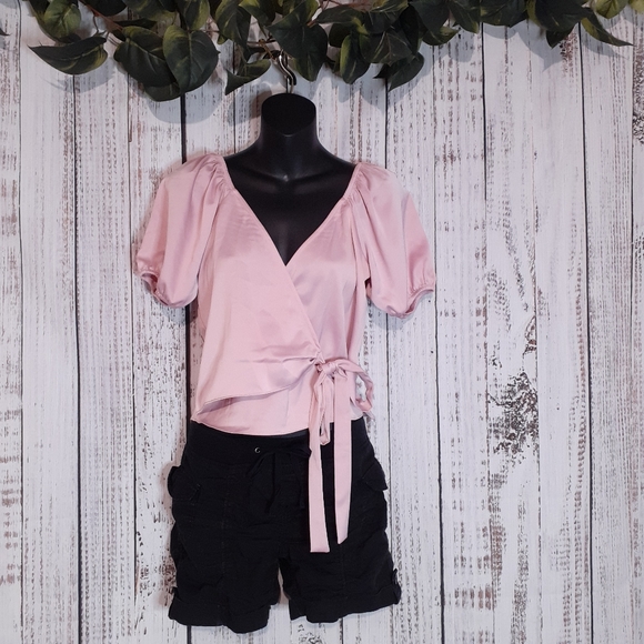 Wayf | Tops | Wayf Pastel Pink Faux Wrap Satin Top W Puff Sleeve Detail ...
